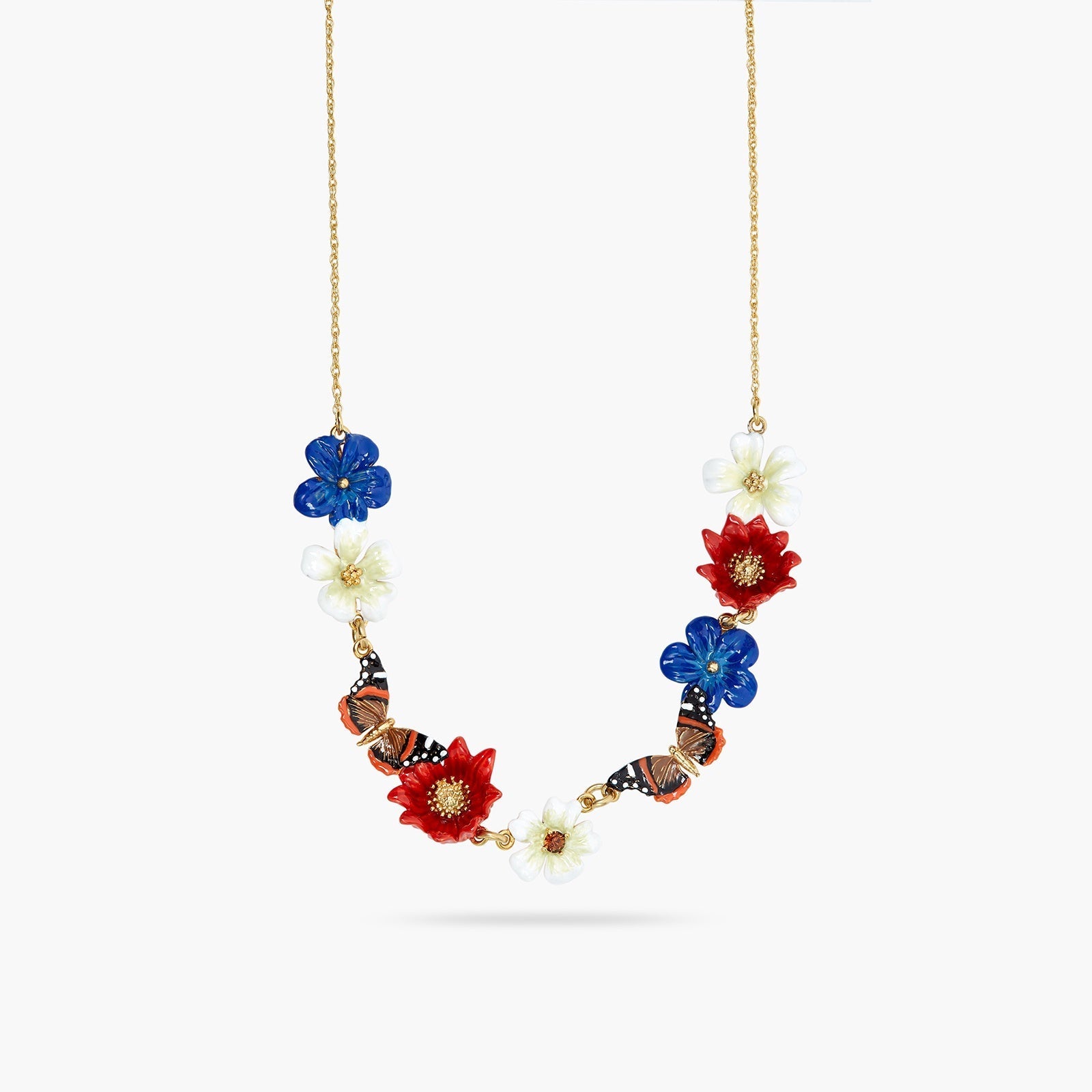 Blue, White And Red Flowers And Butterfly Statement Necklace – Les Nereides
